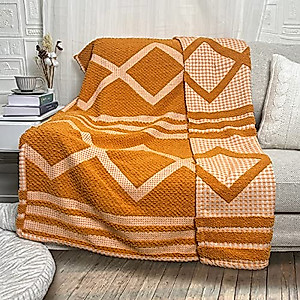 Amélie Home Tufted Woven Throw Blanket Bohemian Farmhouse Reversible Textured Geometric Rhombus Waffle Decorative Throw Blankets for Couch Sofa Bedroom Spring Indoor Outdoor(50'' x 60'', Burnt Orange)