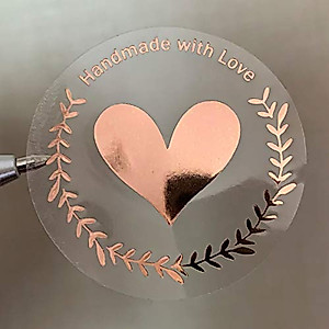 100 x Handmade Business Stickers, Rose Gold Foil Stickers, Handmade Foil Labels, Handmade with Love Stickers, Gold Rose Foil, Transparent Foil Print, 1.6 inch