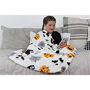Haunted Halloween Throw Blanket: Spider Webs Witch's Hat Black Bats and Decorated Pumpkins Print on Soft Velvet Fleece Throw Blanket