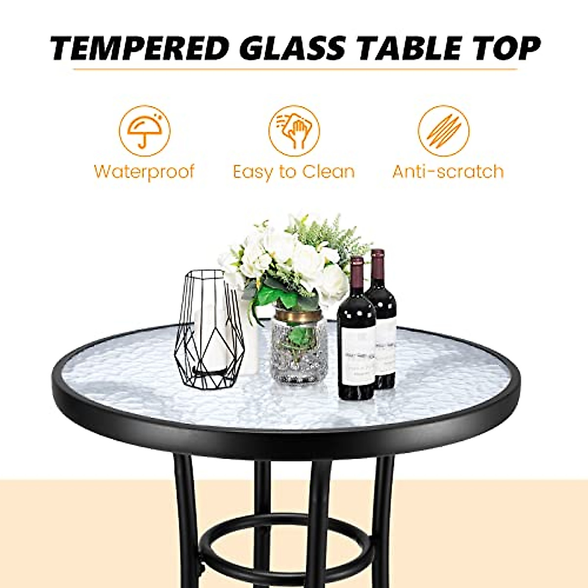 Kingdely Outdoor Bar Height Bistro Table, Round Tempered Glass Patio Table, Steel Frame Patio Furniture for Backyard, Lawn, Balcony, Pool, Black