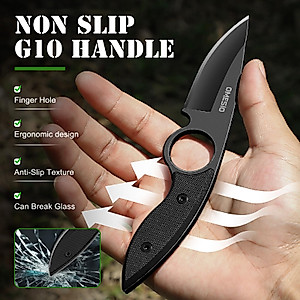 Omesio Small Fixed Blade Knife, Tactical Hunting Camping Knife with Kydex Sheath, Full Tang Stainless Steel Compact EDC Neck Knife G10 Handle with Gift Box for Men (Black)