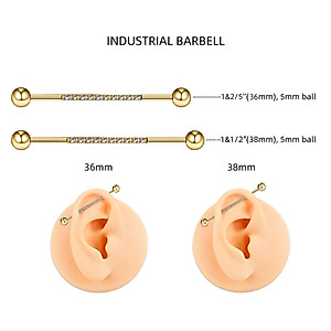 FINE4U Gold Industrial Piercing Jewelry 14G 36mm 1pc - ASTM F136 Titanium Industrial Barbell, Industrial Earrings, Cartilage Body Piercing Jewelry with CZ (1 & 2/5 Inch)