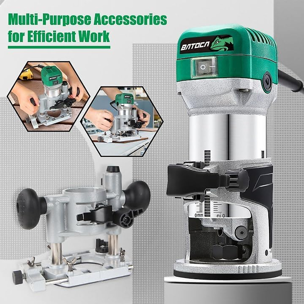 BATOCA Wood Router Kit, 1-1/4 HP Max Torque Router Tool with Fixed Base, Compact Wood Palm Router Tool 6 Variable Speed Wood Trimmer Router Combo Tool for Woodworking, Carving, Trimming, Slotting