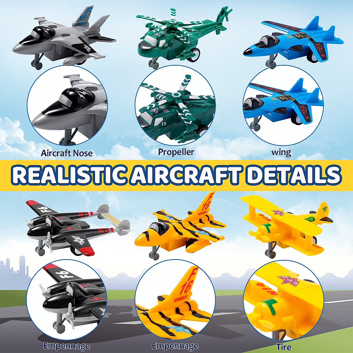 JOYIN 16 Pcs Pull Back Airplane Toys, Boys Plane Playset, Aircraft Incl Helicopter Toys, Fighter Jet Toys, Bomber Toys, Biplane Toy, Gifts for Toddler Kids 3+ Years Old, Kids Presents Toys