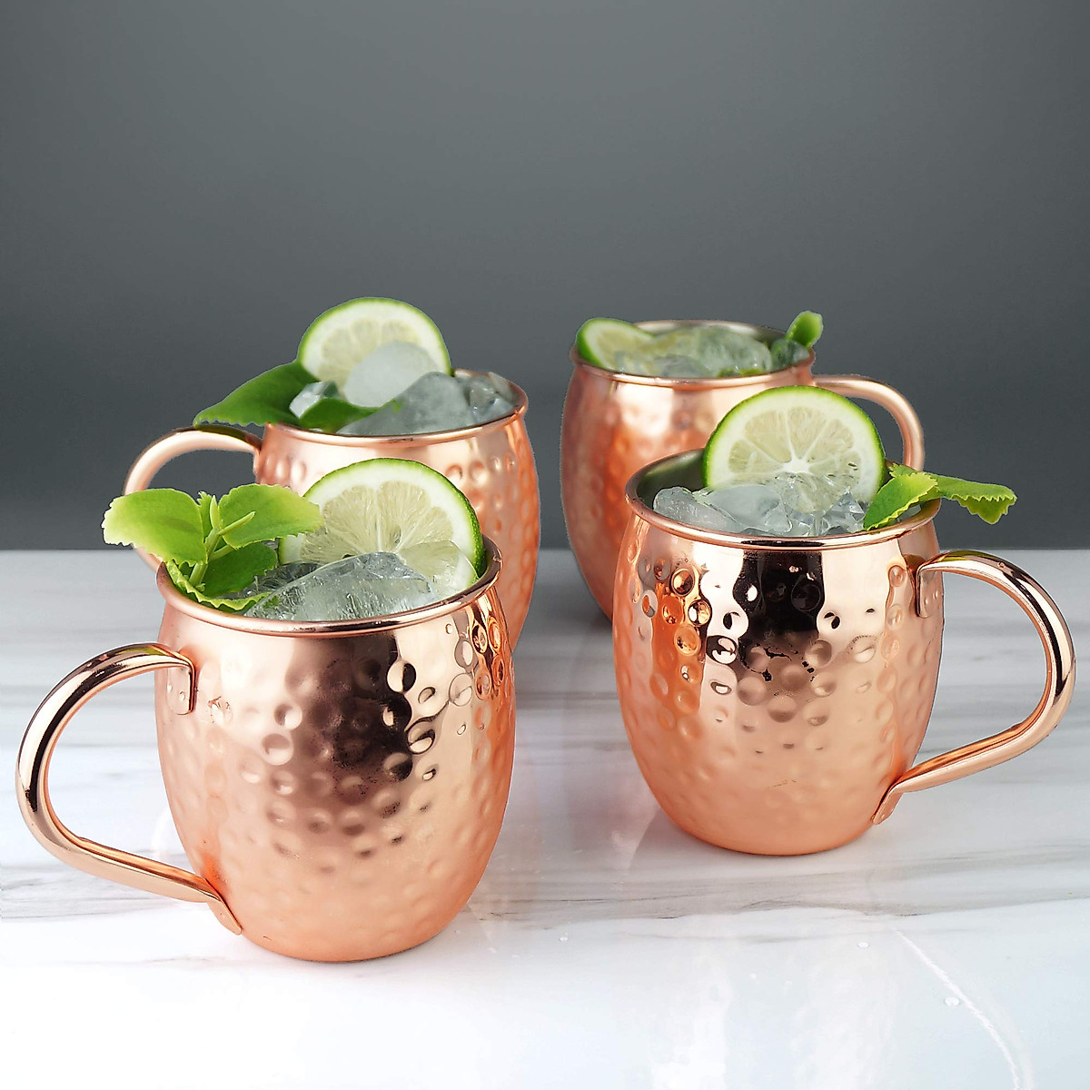 PG Copper/Rose Gold Plated Stainless Steel Moscow Mule Mug - Bar Gift Set 4 - Factory Direct (19 oz) - Authentic Traditional Design - Dimple Finish Hollow Handle!
