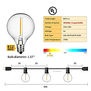 100ft 2-Pack Outdoor String Lights Waterproof with 52 LED Dimmable Shatterproof Bulbs, UL Approval Globe G40 String Lights 1W 2700K Outdoor Lighting for Patio Backyard Cafe Party Wedding Garden