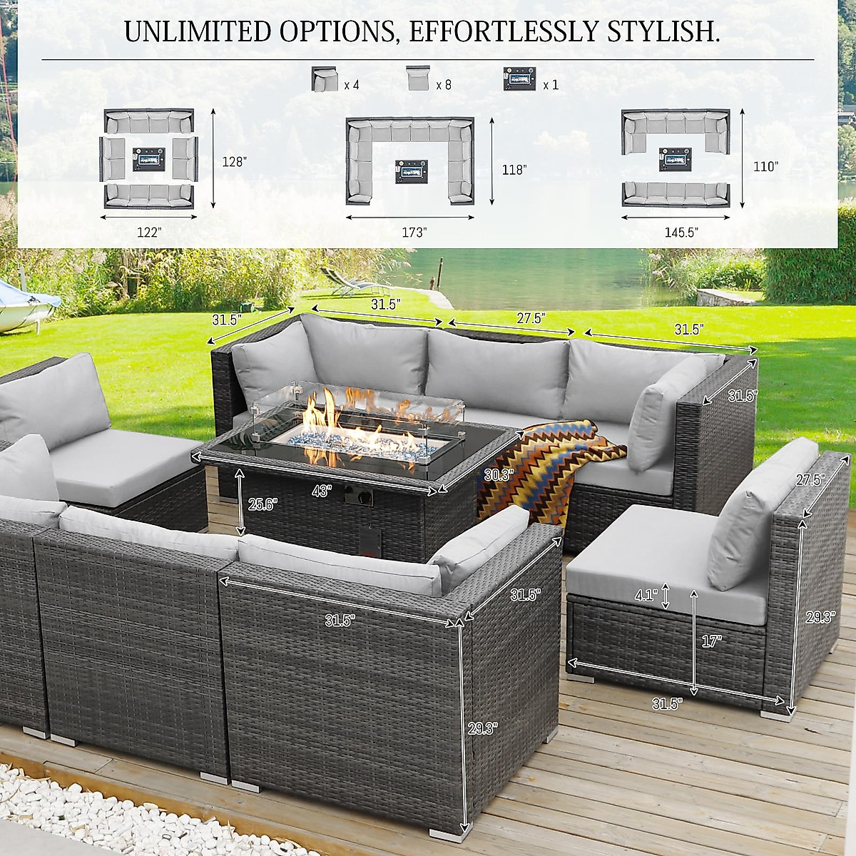 BULEXYARD Grey PE Wicker Patio Furniture Sectional Conversation Sofa Set with 43" Propane/Natural Gas Fire Pit Table, Large Size High Back Outdoor Furniture Set with Fireplace(13Pcs, Light Grey)