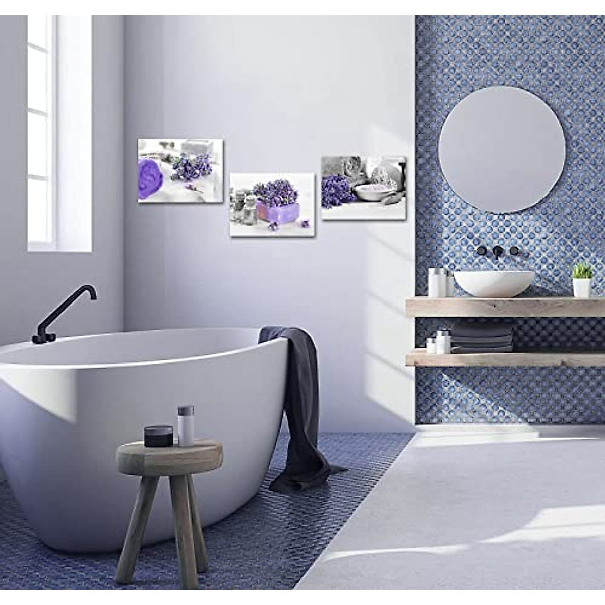 SkenoArt 3 Piece Black and White Wall Art Purple Lavender Flower Pictures Spa Treatment Salt and Towel Artwork Print on Canvas for Bathroom Salon Spa Room Decoration Framed Ready to Hang 12"x16"x3pcs