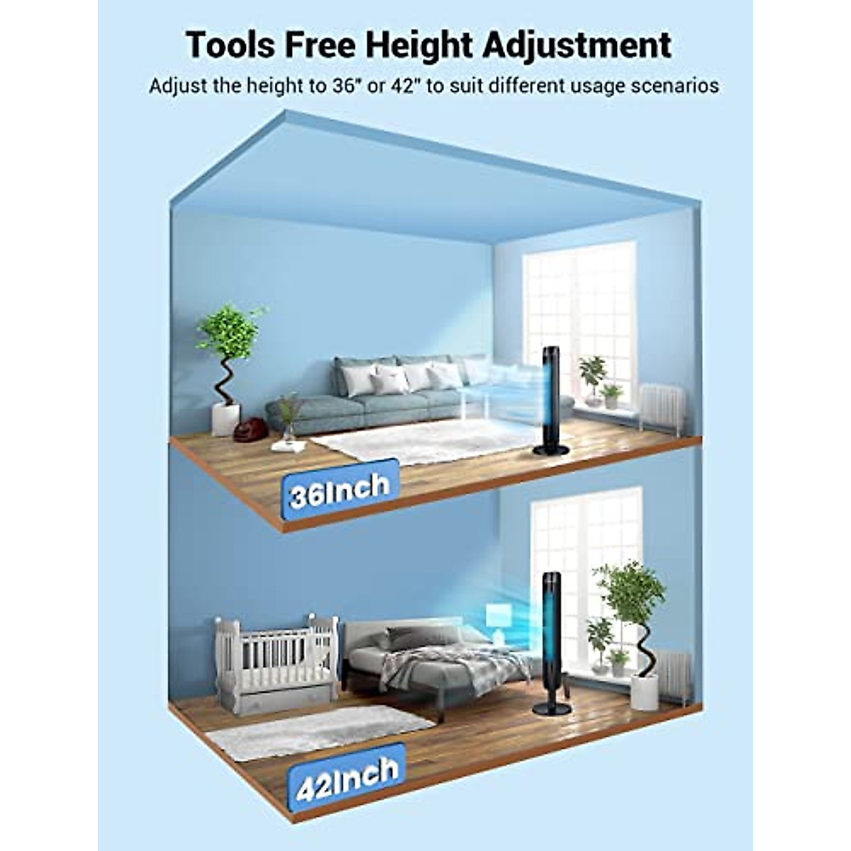 Aikoper Tower Fan, 42 Inch Bladeless Cooling Fans with Remote and Built-in 7Hrs Timer, 3 Modes and LED Display,Quiet Standing Fans for Home and Office