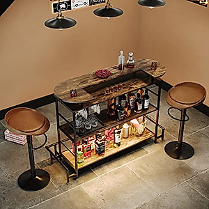 Furnideco Industrial Home Bar Unit, 3 Tier Liquor Bar Table with RGB LED Lights and Wine Storage Display Shelf with Glass Holder Footrest, and Metal Footrest Wine Rack for Kitchen Living Room