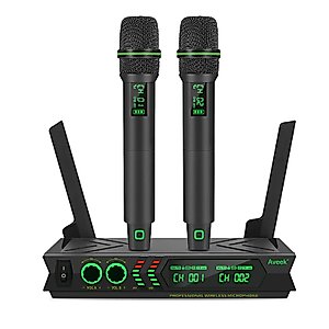 Aveek Wireless Microphone System, Dual UHF Cordless Microphones Set, 200ft Range Handheld Karaoke Microphones with Receiver for Singing, Speech, Party, Church, DJ, Wedding,