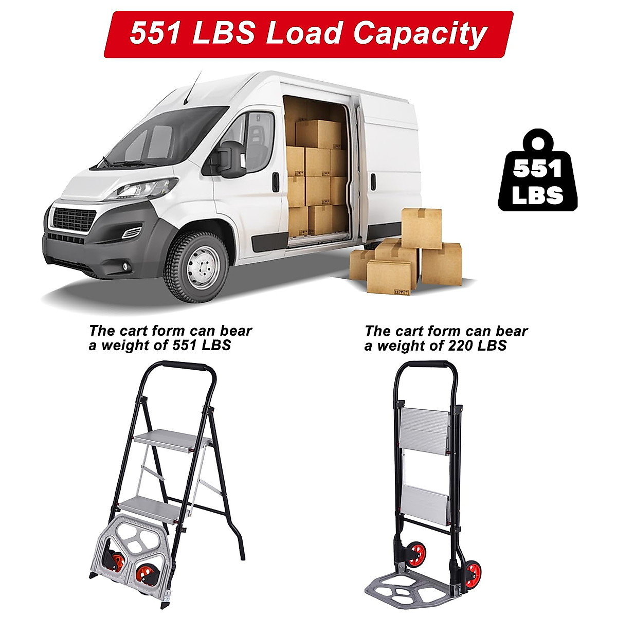 ExGizmo Aluminum Hand Truck,2 in 1 Folding Step Ladder,Portable Aluminum Ladder 551 LBS Load Capacity,Multifunction Collapsible Dolly Cart 220 LBS Load Capacity