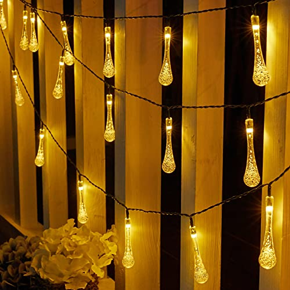 Solar String Lights Outdoor Waterproof, 2 Pack 80 LED 52 FT Total Solar Water Drop Lights with 8 Lighting Modes, Solar Powered Patio Lights for Garden Wedding Party Decor, Warm White