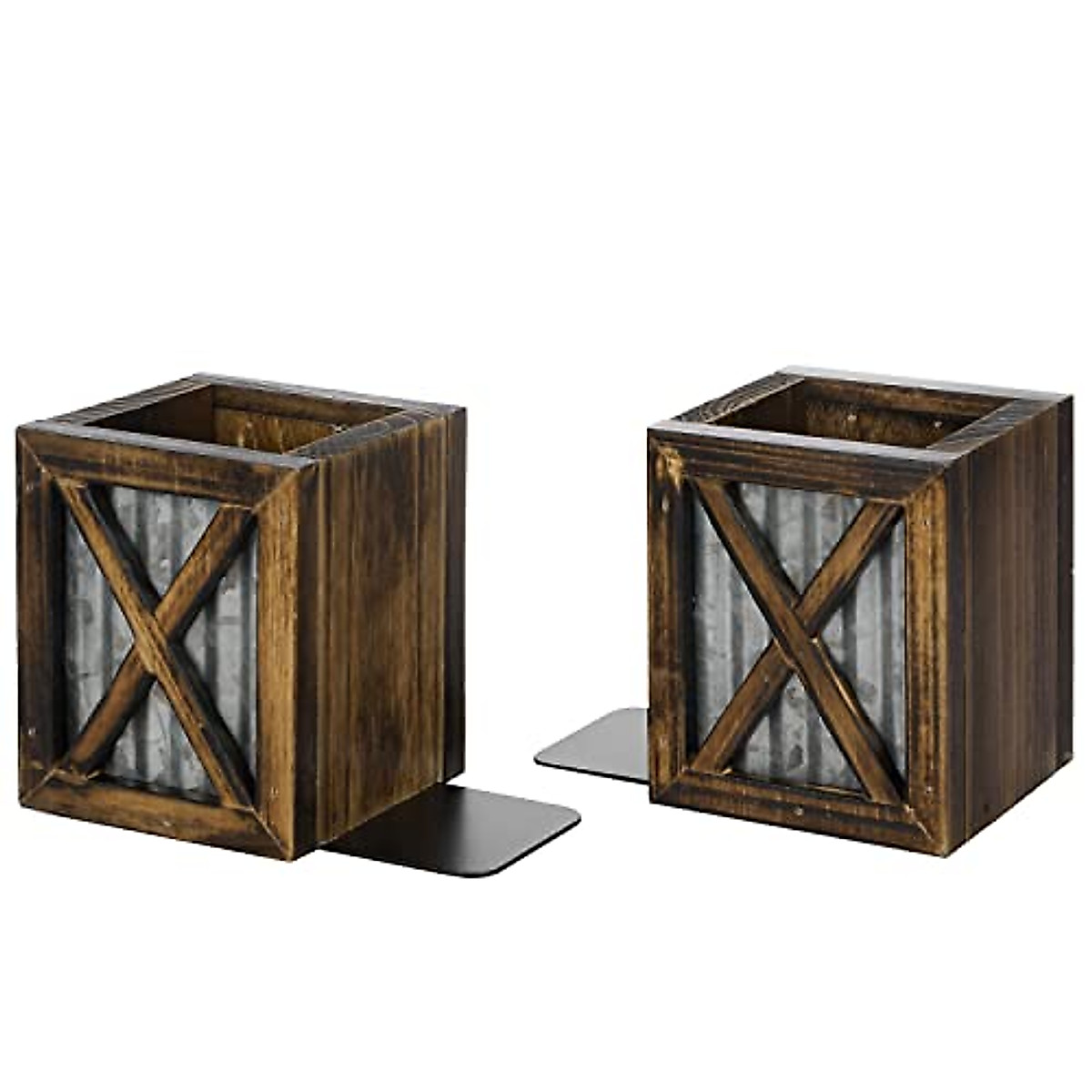 MyGift Rustic Burnt Wood Decorative Bookends, Wooden and Galvanized Metal Desktop Book Stands with Pen Holder Pencil Cup Stationery Storage Bins, 1 Pair