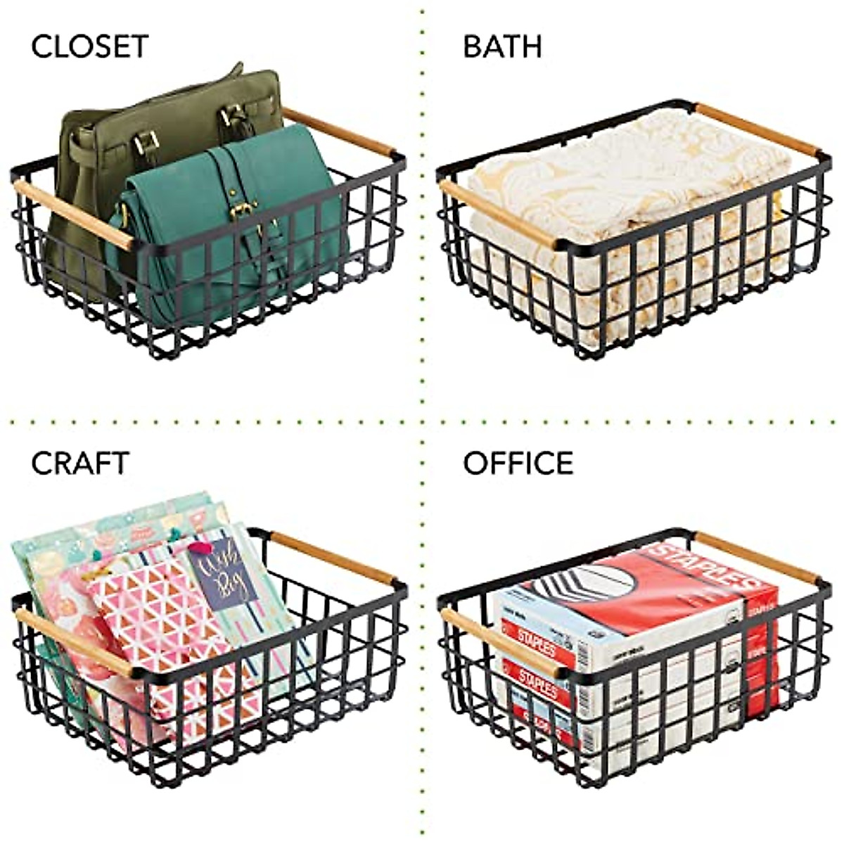 mDesign Metal Wire Storage Organizer Basket with Bamboo Wood Handles for Kitchen Pantry, Rustic Farmhouse Bin to Store Fruit, Coffee, Spices, Supplies, Yami Collection, 2 Pack, Matte Black/Natural/Tan