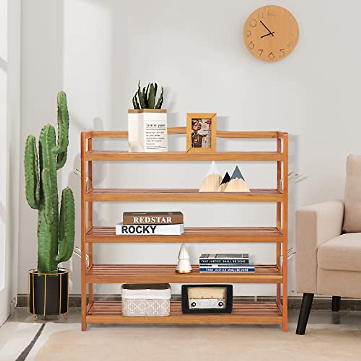 HAPPYGRILL Shoe Rack 5-Tier Entryway Shoe Shelf Acacia Wood Storage Organizer Free Standing Shelves