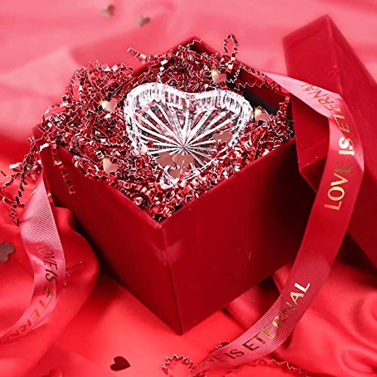 PAPER FAIR 1 LB Valentine's Day Crinkle Cut Paper with Rose Gold Heart Confetti, Metallic Red Paper Shred Filler Strand Raffia Tissue Craft Bedding Cushion, Christmas Party Birthday Gift Box Basket Retail