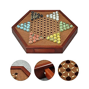 Younglingn 12.5" All Natural Wood Chinese Checkers with Storage Drawer and Glass Marbles Checkers Board Games for Family