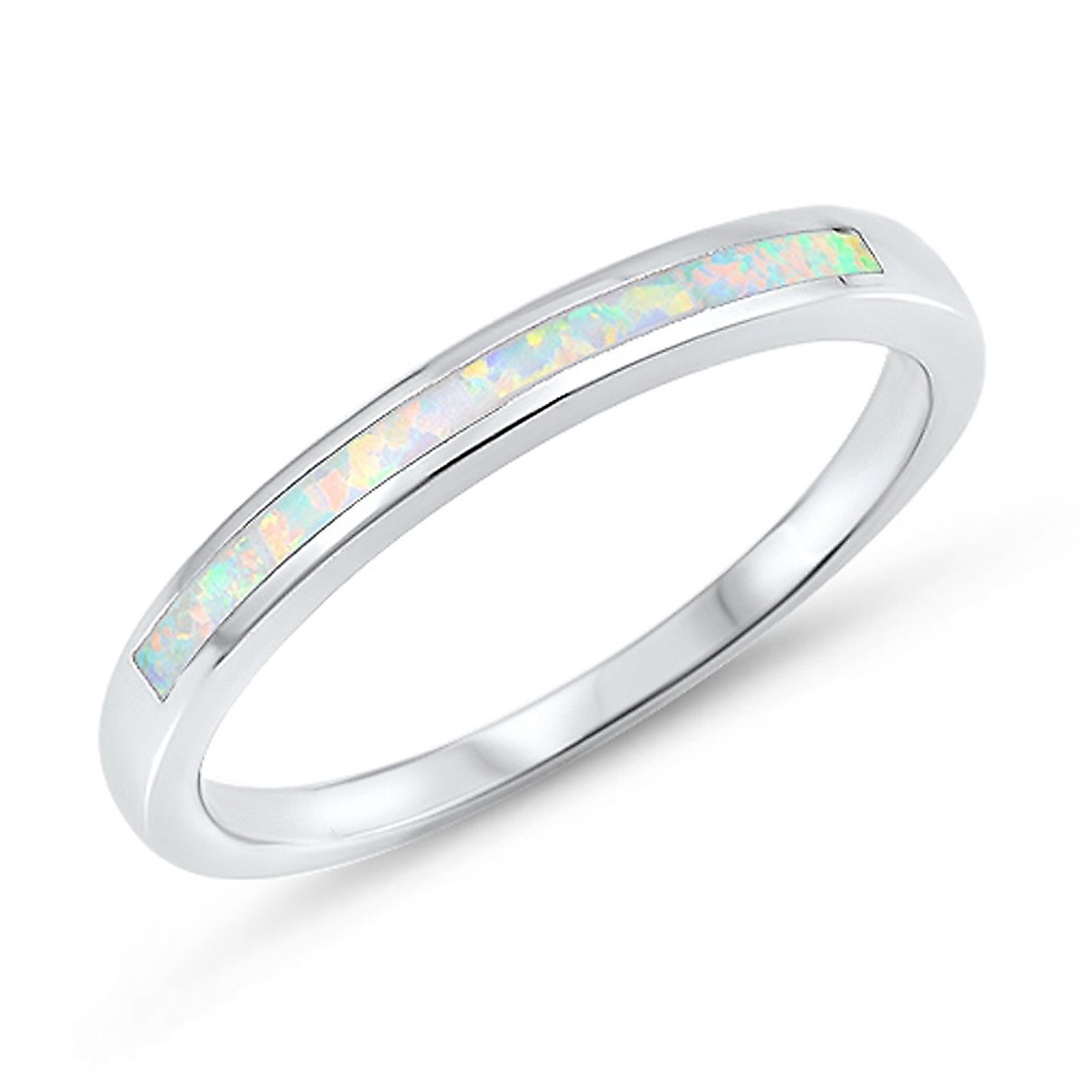 White Simulated Opal Wedding Ring New .925 Sterling Silver Thin Band Size 7