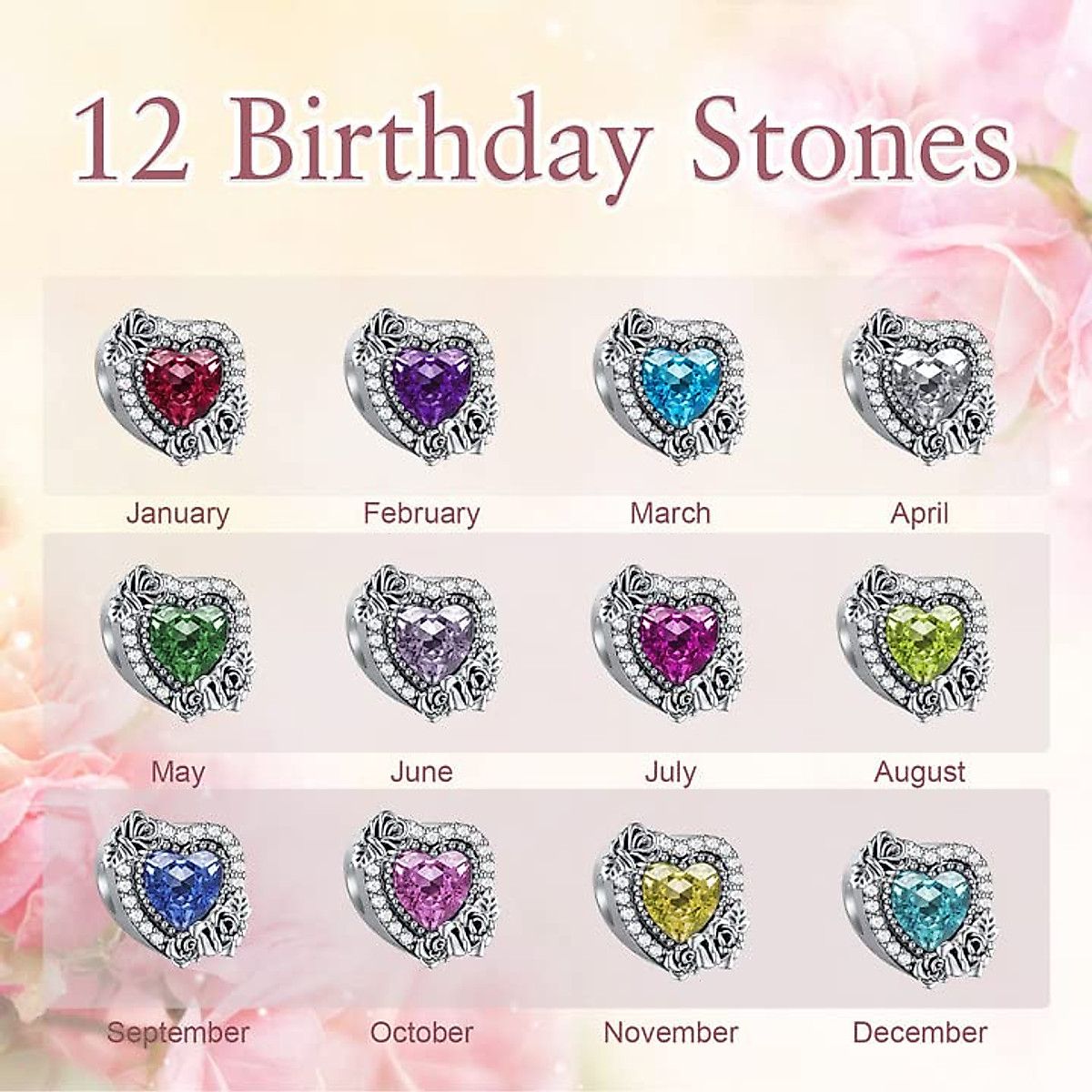 LELOUCHY Birthstone Charms for Bracelets, Rose 925 Sterling Silver Love Heart Bead Pendant, Happy Birthday Mother's day Jewelry Gifts for Women-10