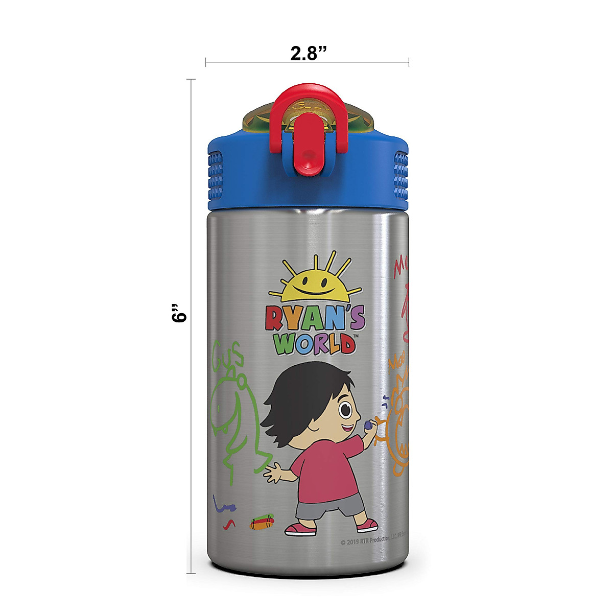 Zak Designs Ryan's World Ryan and friends 15.5 ounce Water Bottle BPA Free with One Hand Operation Action Lid and Built-in Carrying Loop, with Straw is Perfect for Kids