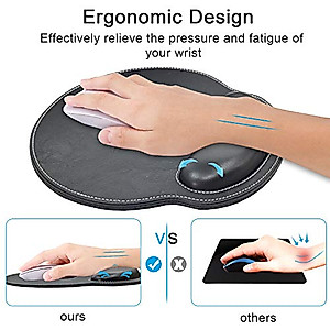 Ergonomic Mouse Pad with Wrist Support,PU Leather Mousepad for Laptop Computers Mac,Non Slip Rubber Base Memory Foam Wrist Rest Mouse Pads for Men Women,Home Work Office Gaming,Pain Relief ,Black