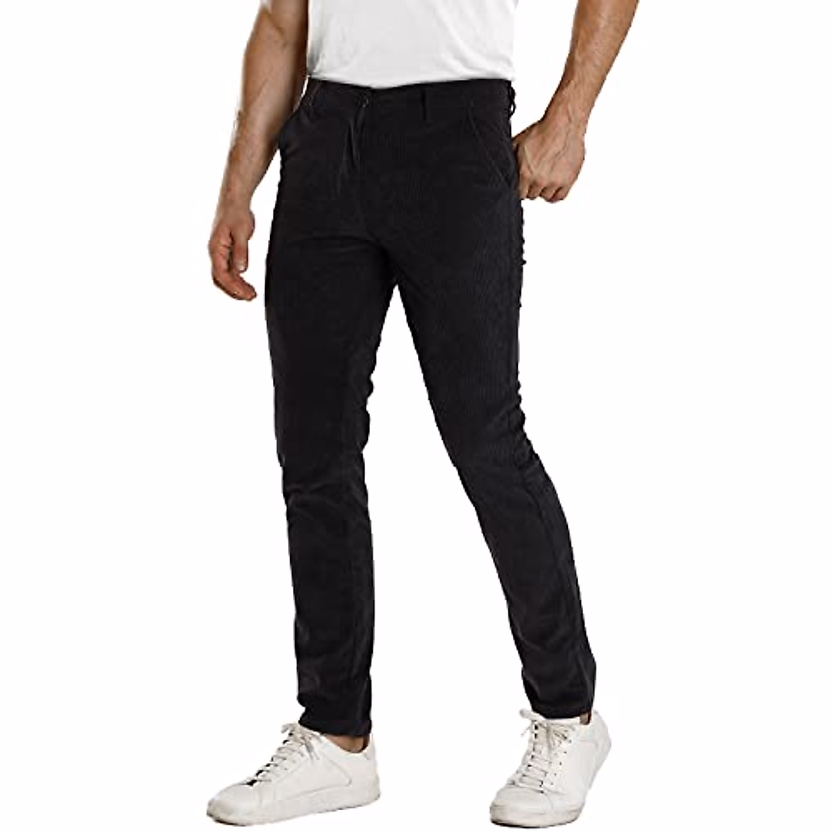 GINGTTO Black Corduroy Pants Men Slim Fit,Flat-Front Casual Pants Business Men Size 36