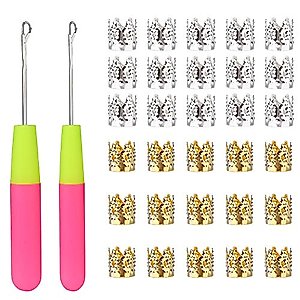 2 PCS Latch Hook Crochet Needle + 30 PCS Dreadlocks Hair Ring Decoration Braiding Hair Silver Gold Metal, for Crochet Braids Hair Decoration Accessories