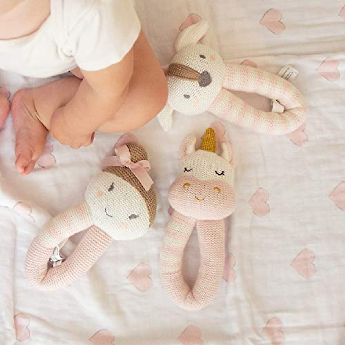 Living Textiles Baby Knitted Toy Rattle - Kenzie Unicorn -Premium HIGH Quality 100% Cotton Super Cute Soft & Fun Stuffed Animal Character | for Infant,Newborn,Nursery,Stuff,Knit,Gift,Shower,Girl