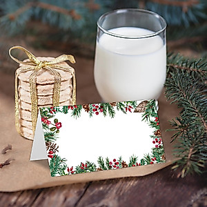 Whaline 100Pcs Christmas Place Cards 2 x 3.5 Inch Holly Berry with Pine Branch Cone Tented Cards Seating Cards for Xmas Wedding Bridal Shower Birthday Party Table Setting