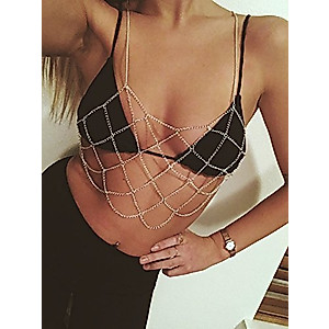 Metmejiao Women's Sexy Halterneck Mesh Body Chain Bralette Bikini Bra Necklaces Net Bralette Chain Bra Harness Jewelry for Women (Gold)