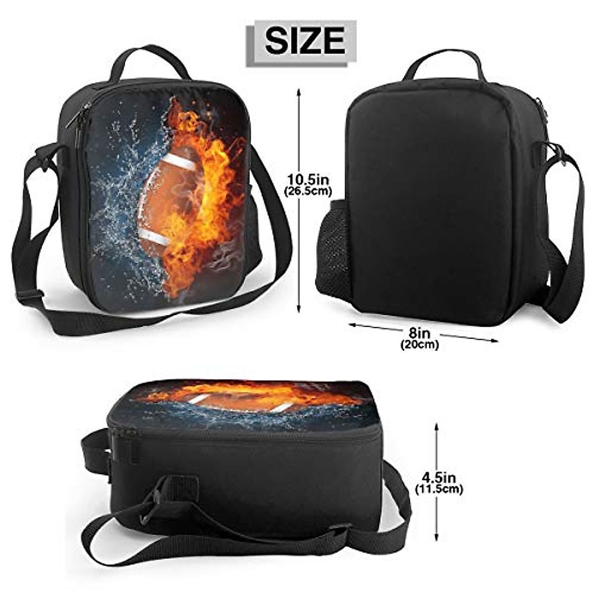 Insulated Durable Lunch Box with Shoulder Strap, Teen Boys/Adult Ice Fire Football Small Lunch Bag, Lunch Tote Box Bag for Office/Picnic/Beach