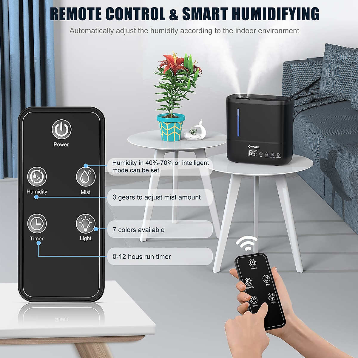 Humidifiers for Bedroom, 4L Cool Mist Humidifiers with Essential Oil Diffusers & Nightlight, Ultrasonic Top Fill Air Humidifier Auto Shut for Baby Room, Home, Plants, Women Mom Gifts Idea (Black)