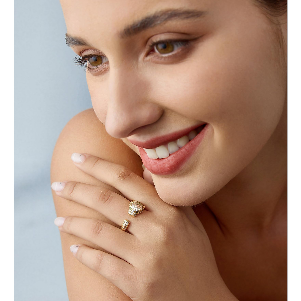 AIKAITUO 14K Gold Leopard Animal Leopard Head Cute Unique Women's Adjustable Set Zirconia Ring Holiday Gift