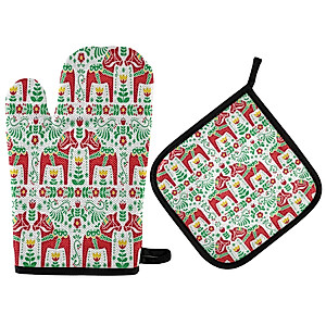 Swedish Dala Daleclarian Horse Oven Mitts and Pot Holders Winter Christmas Floral Cooking Gloves Kitchen Trivet Mats 2-Piece Set Non-Slip Heat Resistant Pad for Baking BBQ Home Decor