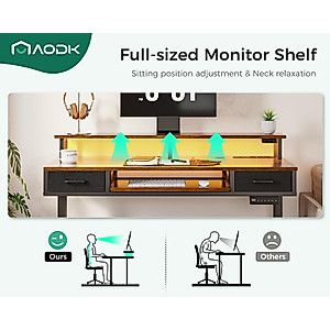 AODK Electric Standing Desk with Drawers & Keyboard Tray, 47 Inch Height Adjustable Small Gaming Desk with Power Outlets & LED Lights, Sit Stand Table with Monitor Stand for Home, Office, Rustic Brown