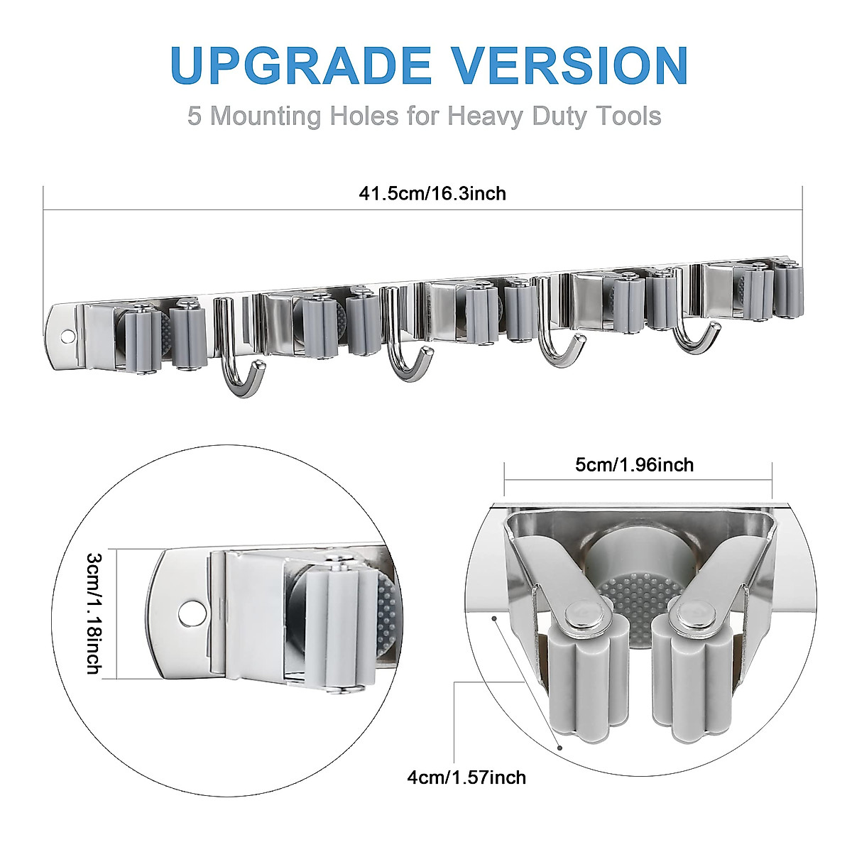 HANZENMA Broom Holder Wall Mount, Broom Organizer Wall Mount Stainless Steel Broom and Mop Hanger Heavy Duty Storage Organization for Home Kitchen Garden Garage Room 5 Racks 4 Hooks Grey