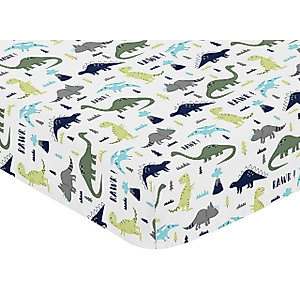 Sweet JoJo Designs Mod Dino Boy Jersey Stretch Knit Baby Fitted Crib Sheet for Soft Toddler Bed Nursery - Blue, Green and Grey Modern Dinosaur