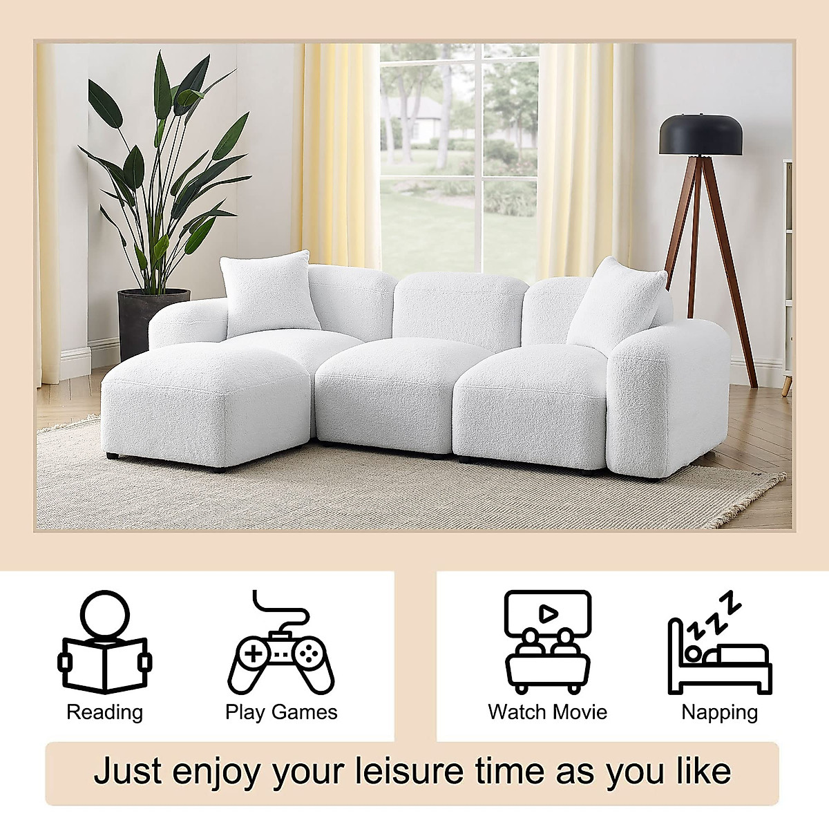 GNIXUU Modular Sectional Sofa, 94.5" Convertible L-Shaped Couch for Living Room, Modern Minimalist Teddy Sherpa Cloud Couches with 2 Comfy Pillows, White