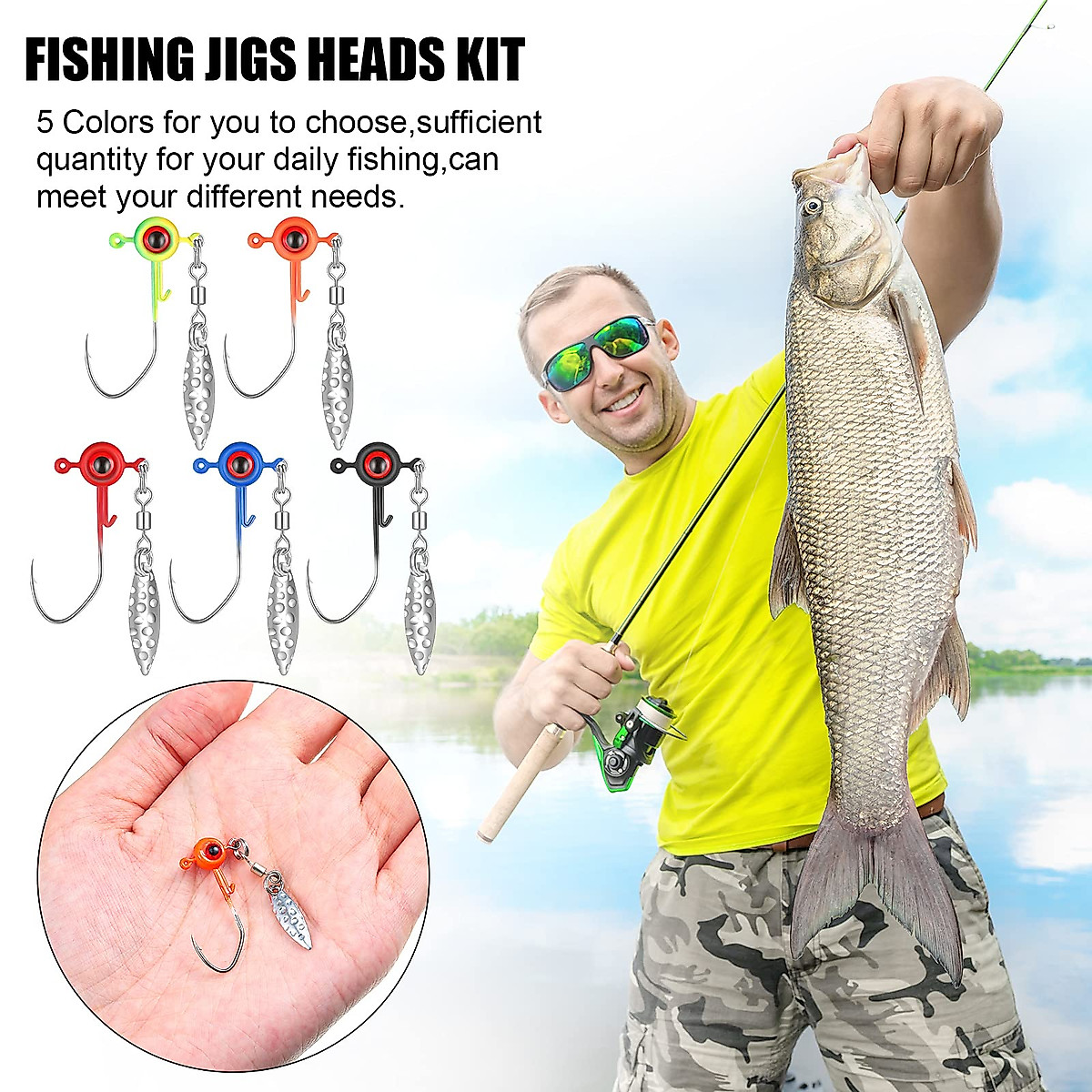 50 Pieces Crappie Jig Heads Kit, Fishing Jig Head Hook Fishing Lure Jig Head with Eye Ball 1/16 OZ Head Jig Hook Lure with Spinner Blade Outdoor Fishing Tackle for Saltwater Freshwater Fishing