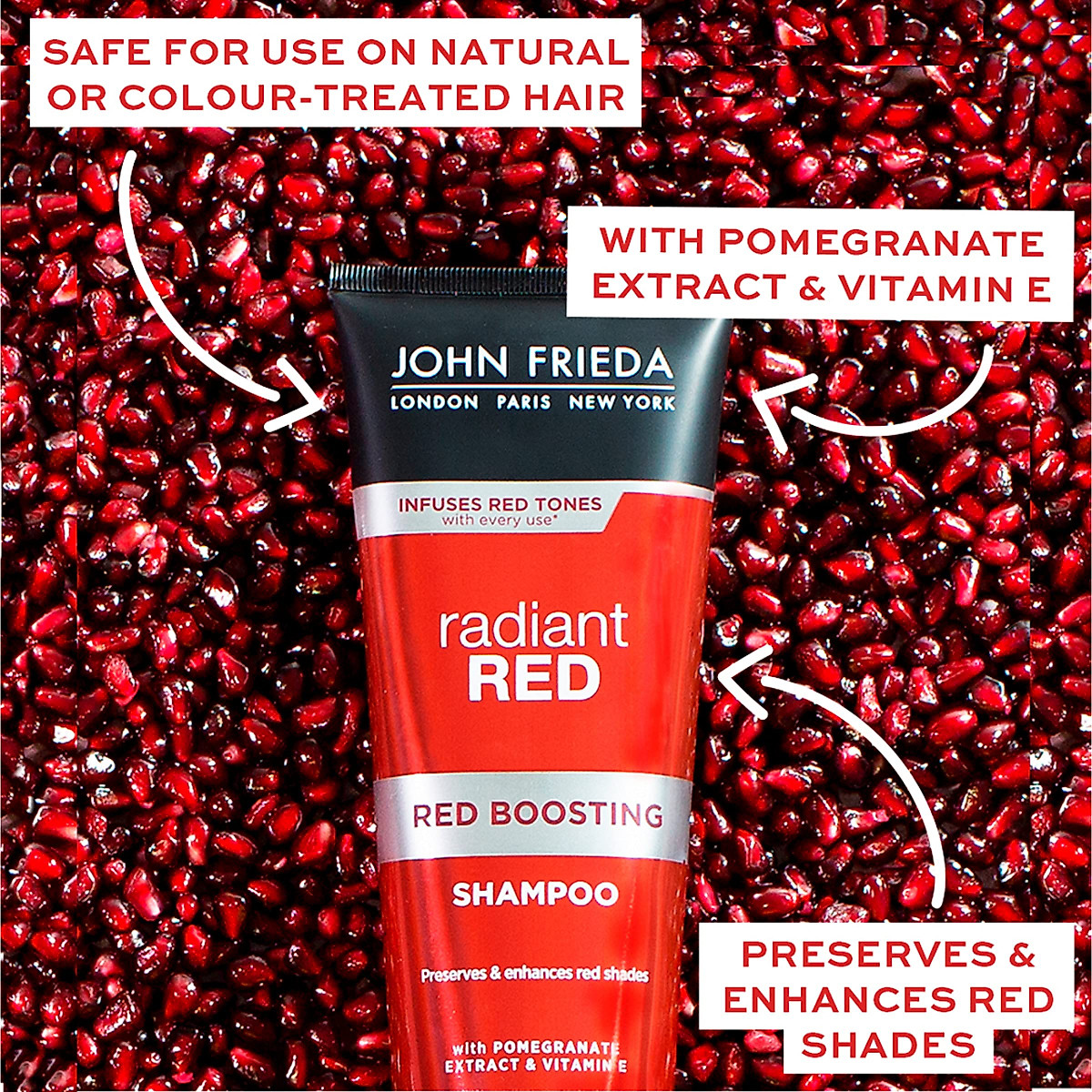 John Frieda Radiant Red Red Boosting Shampoo, Daily Shampoo, Helps Enhance Red Hair Shades, 8.3 Ounce, with Pomegranate and Vitamin E