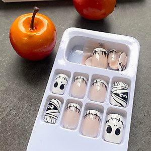 Halloween Short Mummy Design Fake Nails Square Press on Nails Glue on Nails Full Cover Odd Halloween Skull Nails Short Stick on Nails for Women and Girls Party Nail Art Manicure24ps