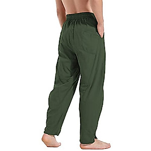 perdontoo Mens Linen Cotton Loose Fit Casual Lightweight Elastic Waist Summer Pants (Medium, Army Green)