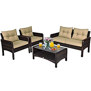 Tangkula 4 Piece Patio Furniture Set, Outdoor Wicker Conversation Set with Glass Top Coffee Table, All Weather Proof and Thick Cushions, Suitable for Porch, Garden, Poolside and Lawn (Brown)