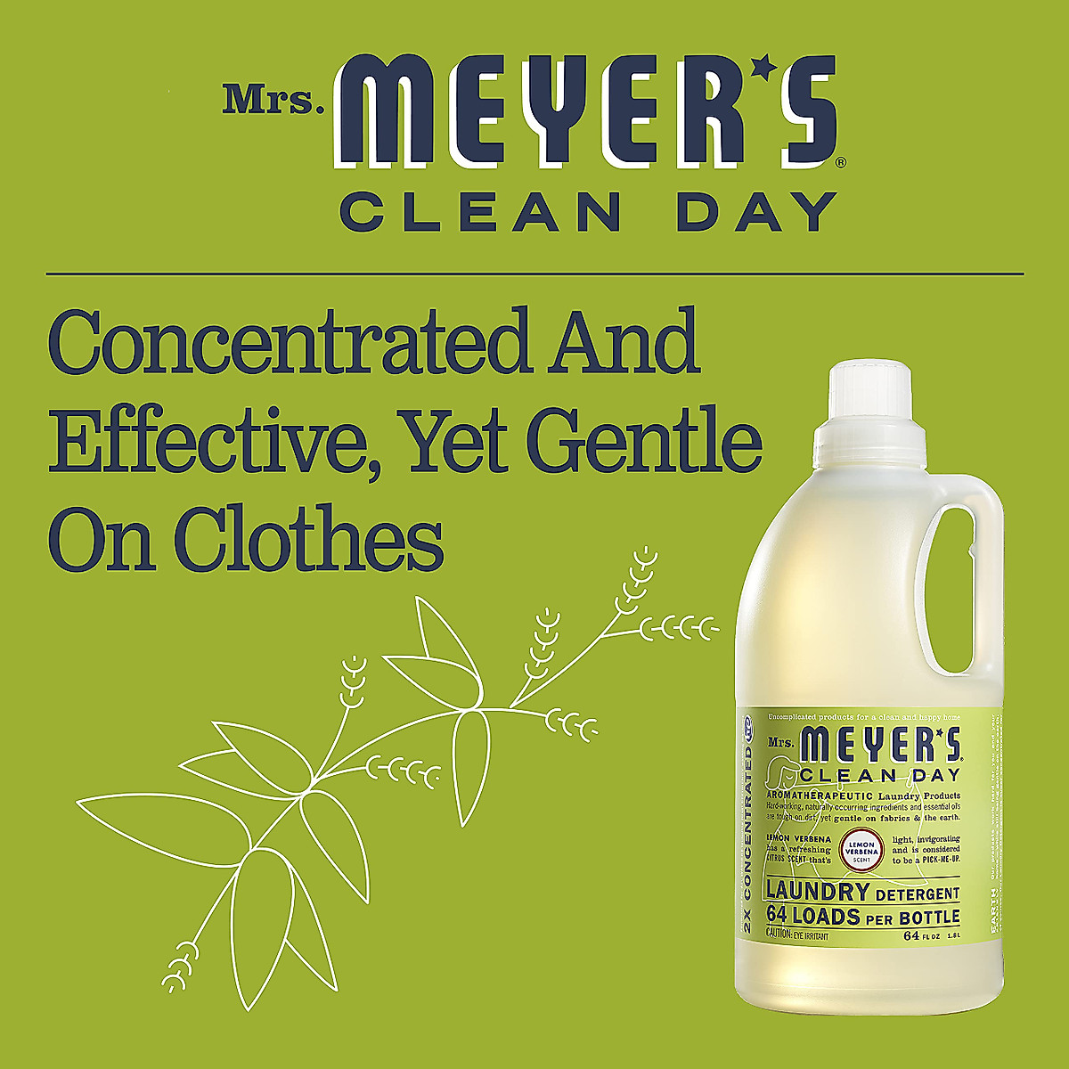MRS. MEYER'S Clean Day Liquid Laundry Detergent, Biodegradable Formula Infused with Essential Oils, Lemon Verbena, 64 oz - Pack of 2 (128 Loads)