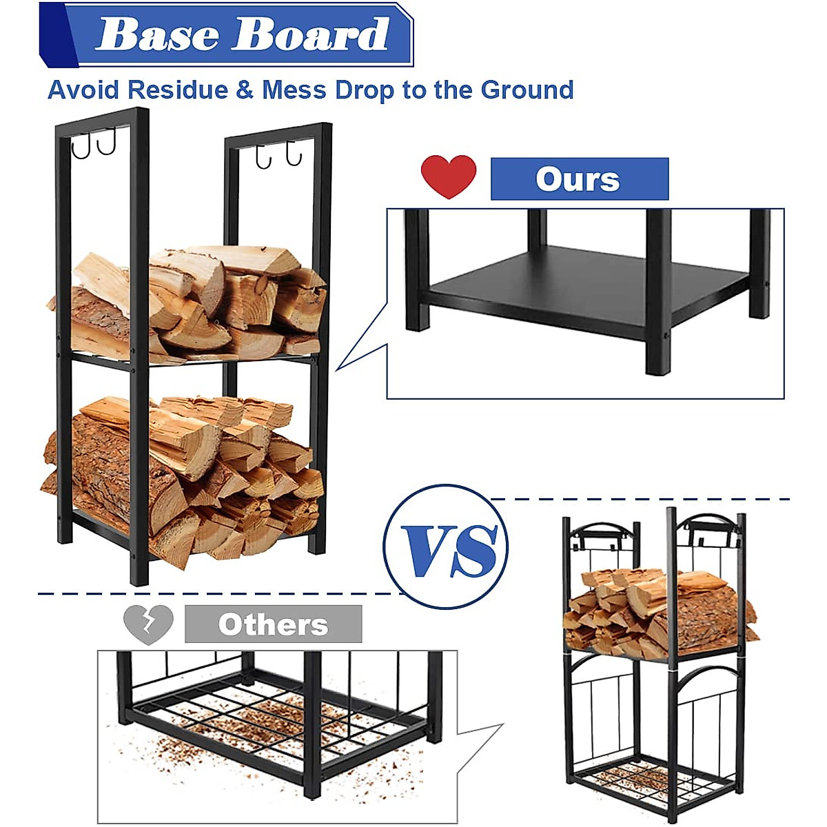 Koutemie 2 Tiers Small Firewood Log Storage Rack Holder for Indoor Fireplace or Outdoor Patio, Black