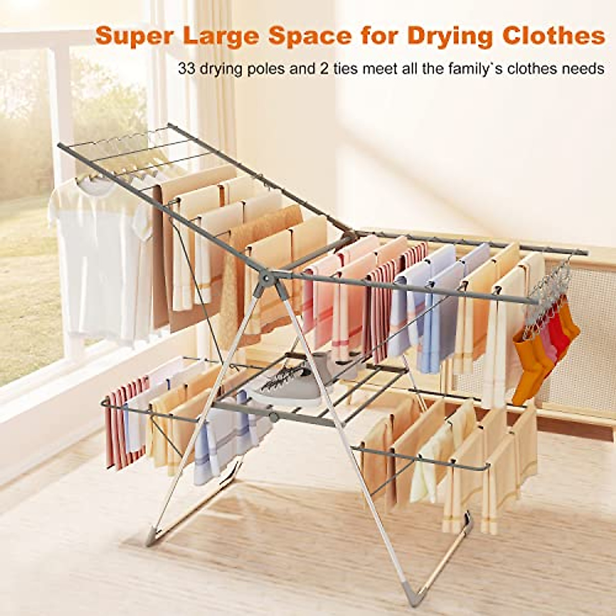 Bigzzia Clothes Drying Rack, 2-Level Laundry Drying Rack Collapsible, Free-Standing 56-inch Large Drying Rack, Height-Adjustable Wings, Stainless Steel Drying Rack Clothing Foldable for Indoor Outdoor
