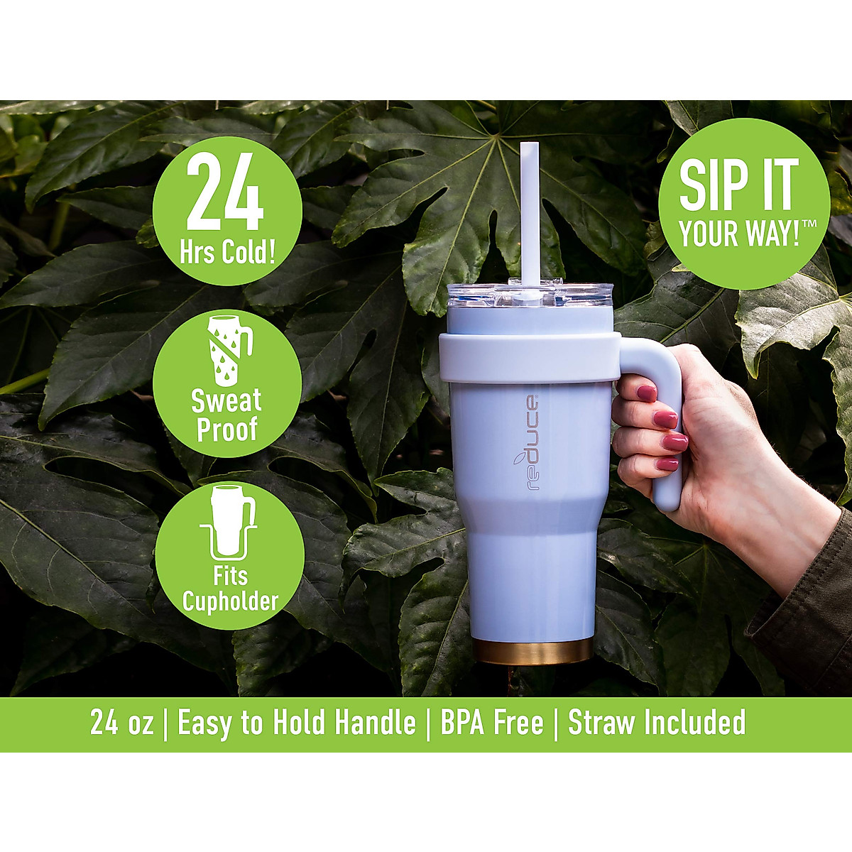 Reduce Tumbler – 24oz COLD 1 Mug With Lid, Straw and Handle – 24 Hours Cold – Easy-Hold Handle, Vacuum Insulated, Sweat-Proof Body – Cupholder Friendly Insulated Mug – White Gloss