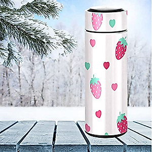 CaTaKu Cute Heart Strawberry Water Bottle Insulated 16 oz Stainless Steel Flask Thermos Bottle for Coffee Water Drink Reusable Wide Mouth Vacuum Travel Mug