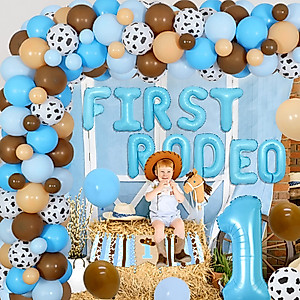 First Rodeo Birthday Party Decorations Boy Blue, Western Cowboy 1st Birthday Party Decorations - Cowboy Balloon Garland Kit with High Chair Banner, Monthly Photo Banner, My First Rodeo Cake Topper